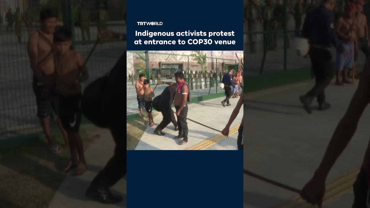 Indigenous activists protest at entrance to COP30 venue - World News