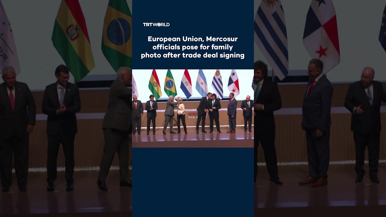 European Union, Mercosur officials pose for family photo after trade ...