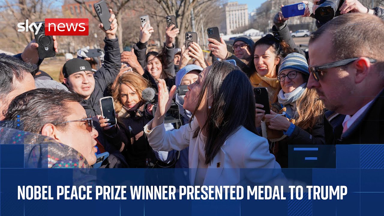 Nobel Peace Prize winner Maria Corina Machado speaks to press outside ...